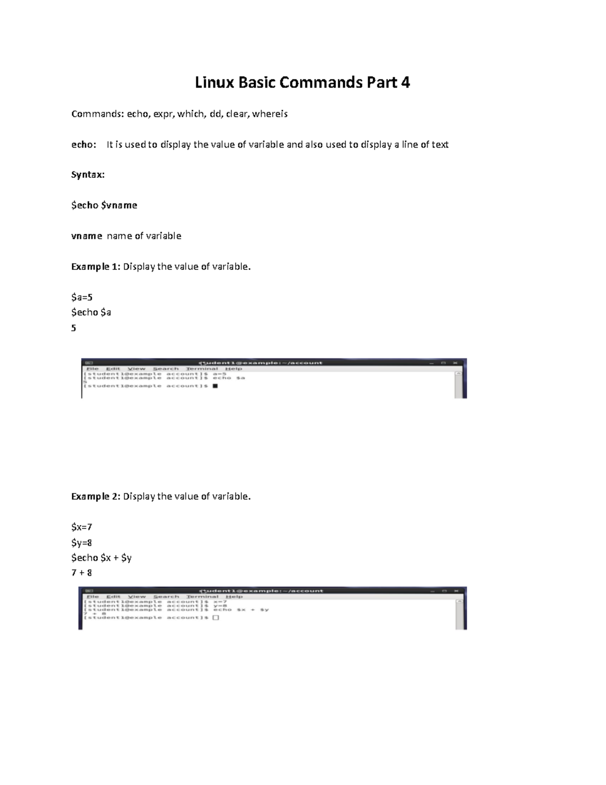 Linux Basic Commands Part 4 - $a= $echo $a 5 Example 2 : Display the ...