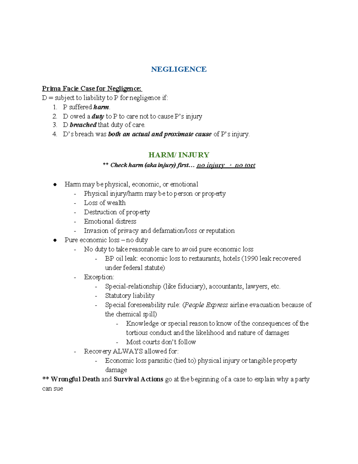 Torts Class Outline - NEGLIGENCE Prima Facie Case for Negligence: D ...