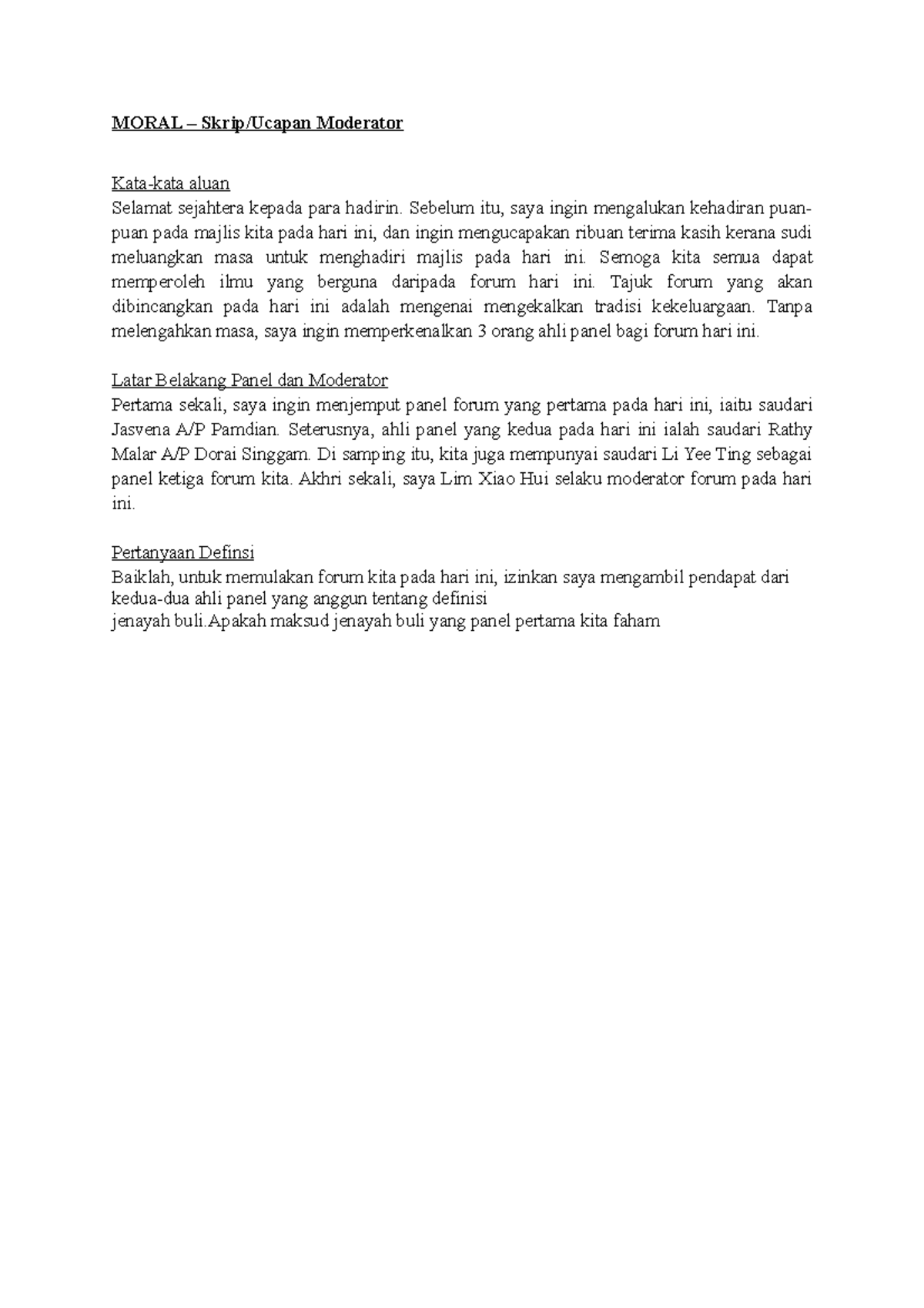 Skrip Moral - Moderator - MORAL – Skrip/Ucapan Moderator Kata-kata ...