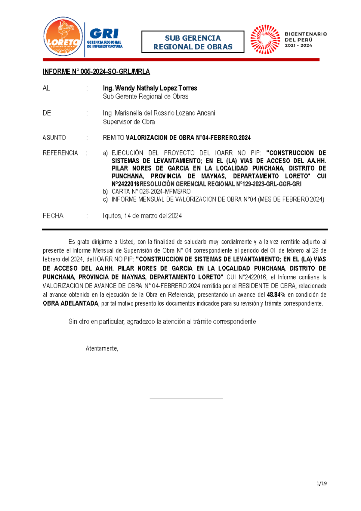Informe 005.SO Valorizacion N°04 Febrero - REGIONAL DE OBRAS INFORME N ...