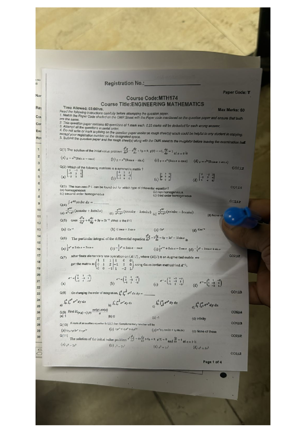 MTH174 SET Y Question paper - No Registration No.: Paper Code: Y Course ...