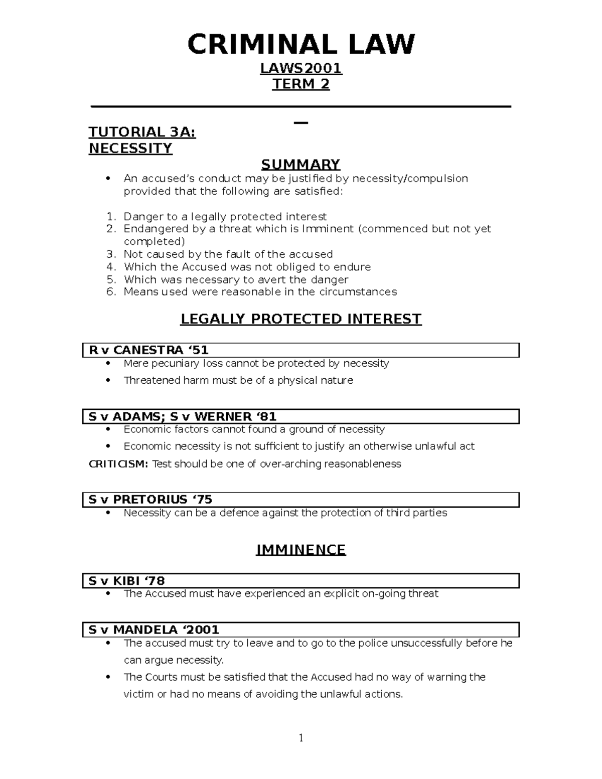 124180 - TUTORIAL 3A: NECESSITY SUMMARY - CRIMINAL LAW LAWS TERM 2 ...