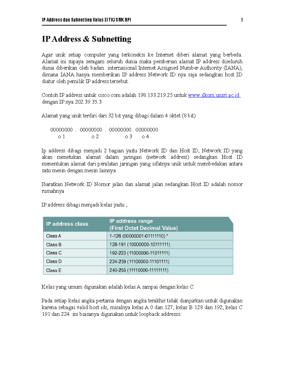 Materi Subnetting - IP Address & Subnetting Agar unik setiap computer yang terkoneksi ke - Studocu
