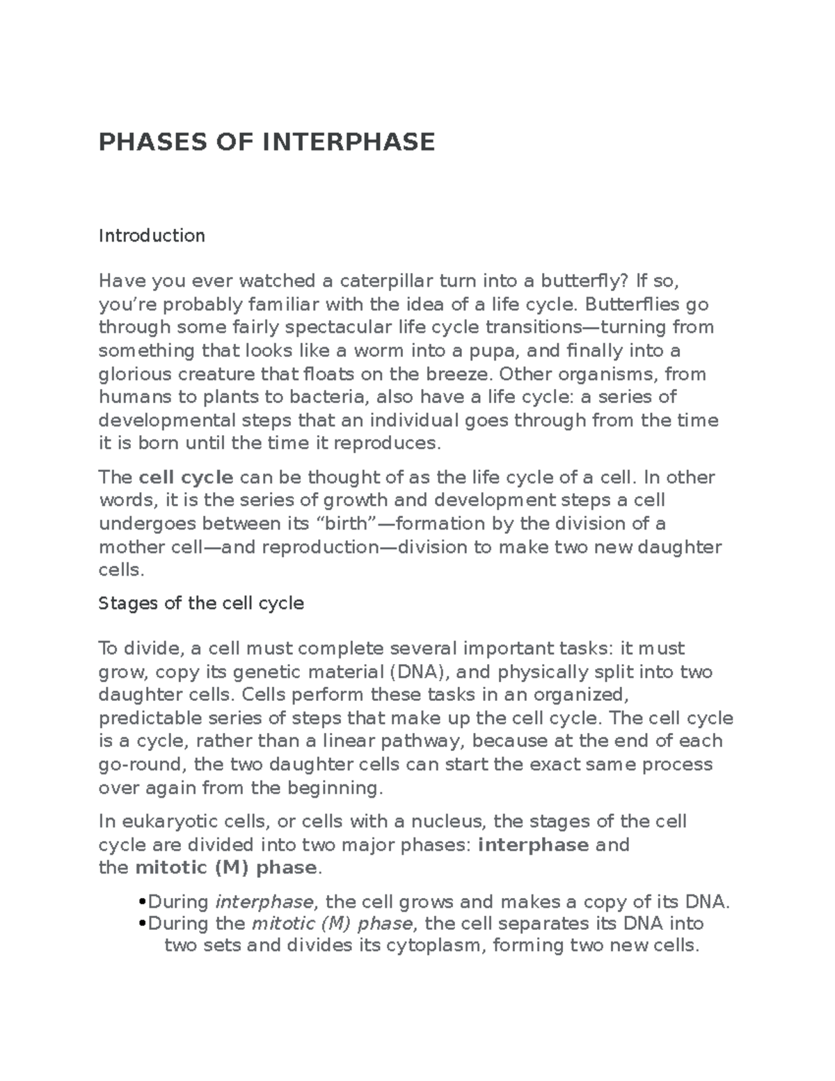 Phases of Cell Cycle ( Interphase ) - PHASES OF INTERPHASE Introduction ...