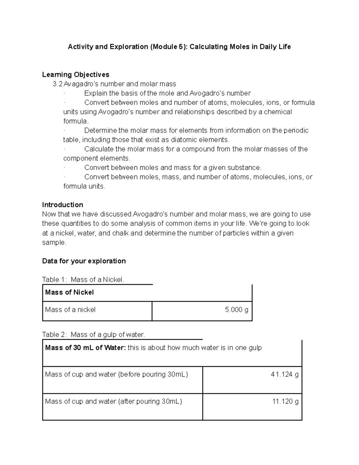 Activity and Exploration (Module 5) Calculating Moles in Daily Life ... Activity and Exploration (Module 5) Calculating Moles in Daily Life ...