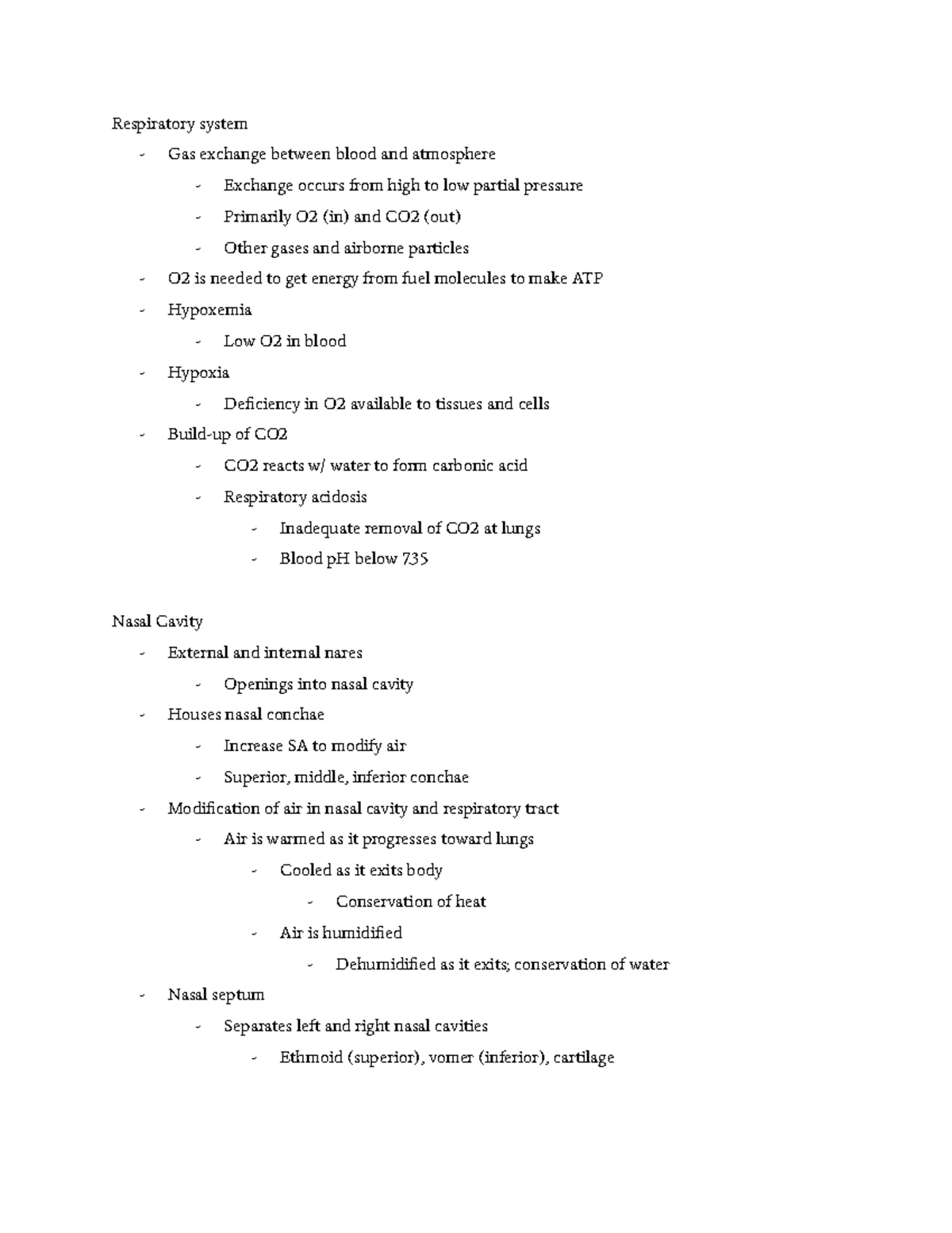 Respiratory System Notes (BIO 113) - Respiratory system - Gas exchange ...