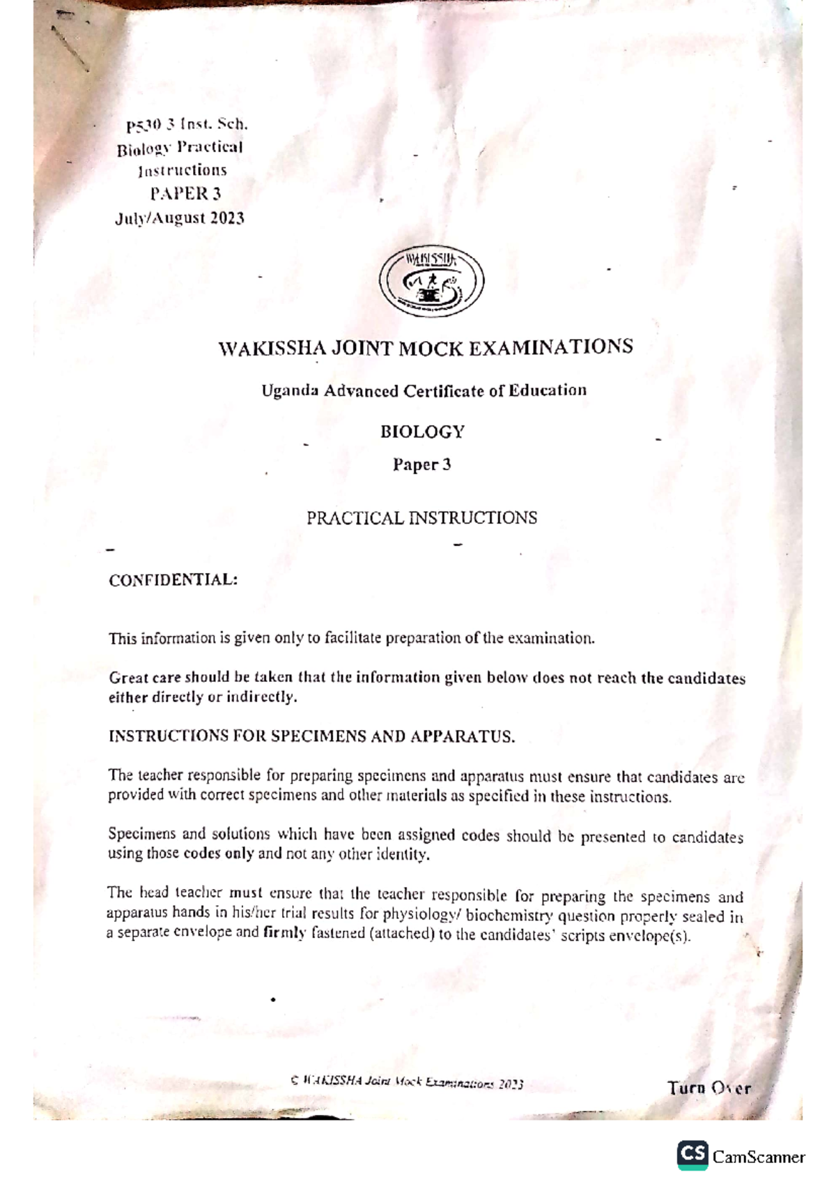 Wakissha UACE BIO 3-2023 - P530 3 Inst. Sch. Biology Practical Instructions PAPER 3 2023 ...