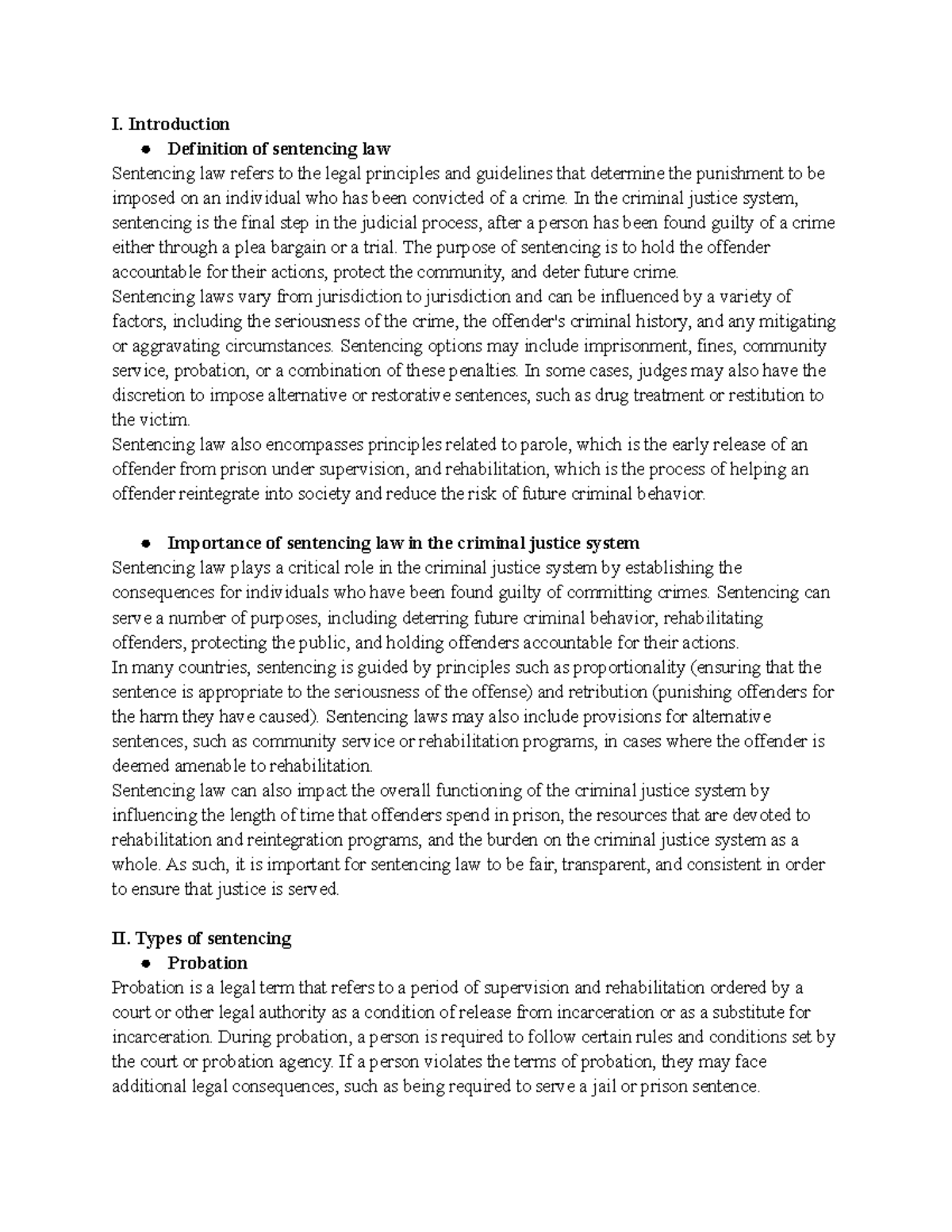 Sentencing Notes - I. Introduction Definition of sentencing law ...