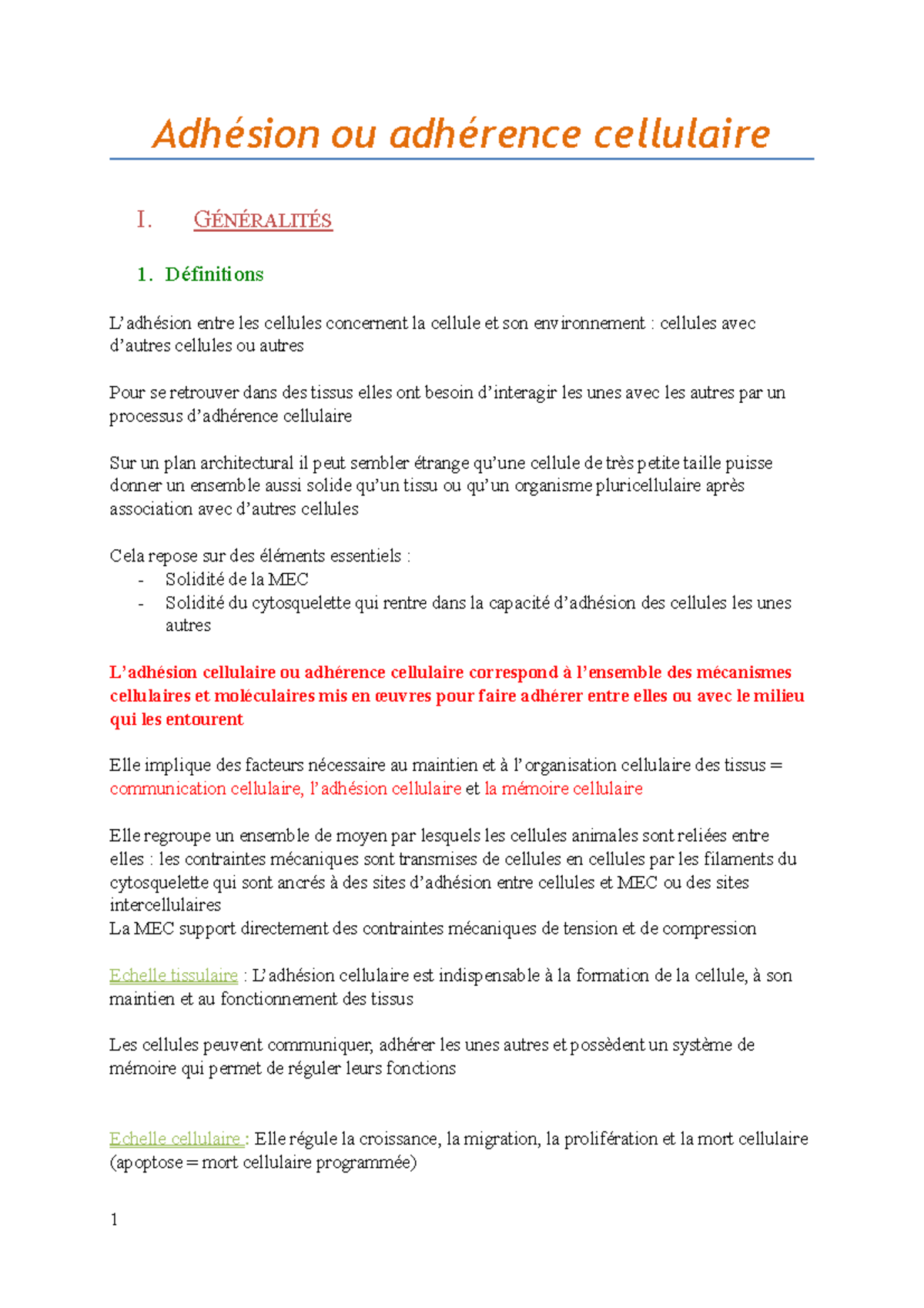 13. Adhésion ou adhérence cellulaire - GÉNÉRALITÉS 1. Définitions L ...