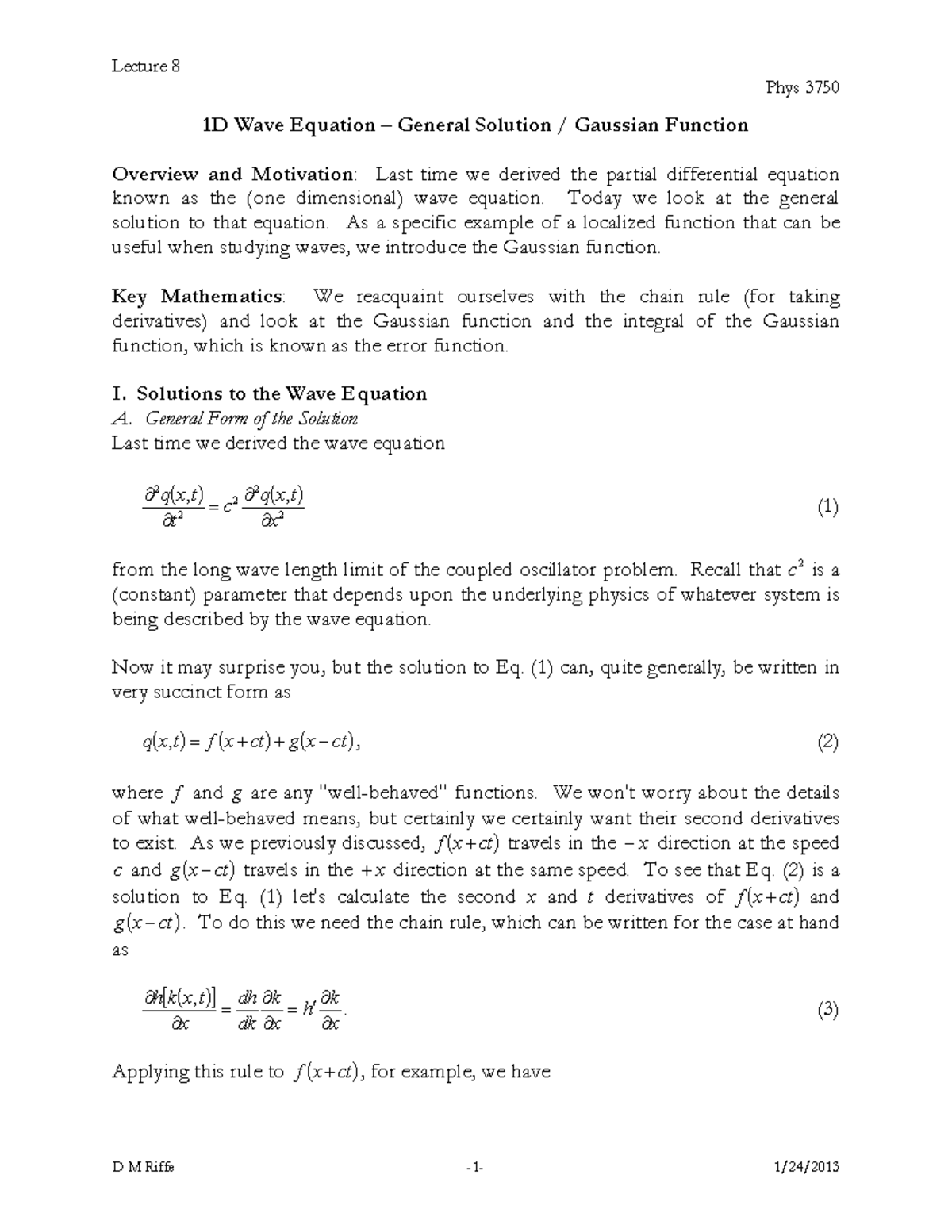 Lecture 8.pdf 1D wave Equation general Solutoin and gaussian Function ...