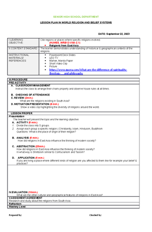 LP NOV - LESSON PLAN IN WORLD RELIGION - SENIOR HIGH SCHOOL DEPARTMENT ...