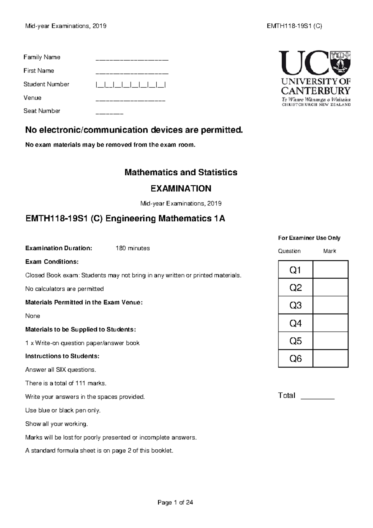 Emth118 corrected exam master 2019 0514-1 - Page 1 of 24 No electronic ...