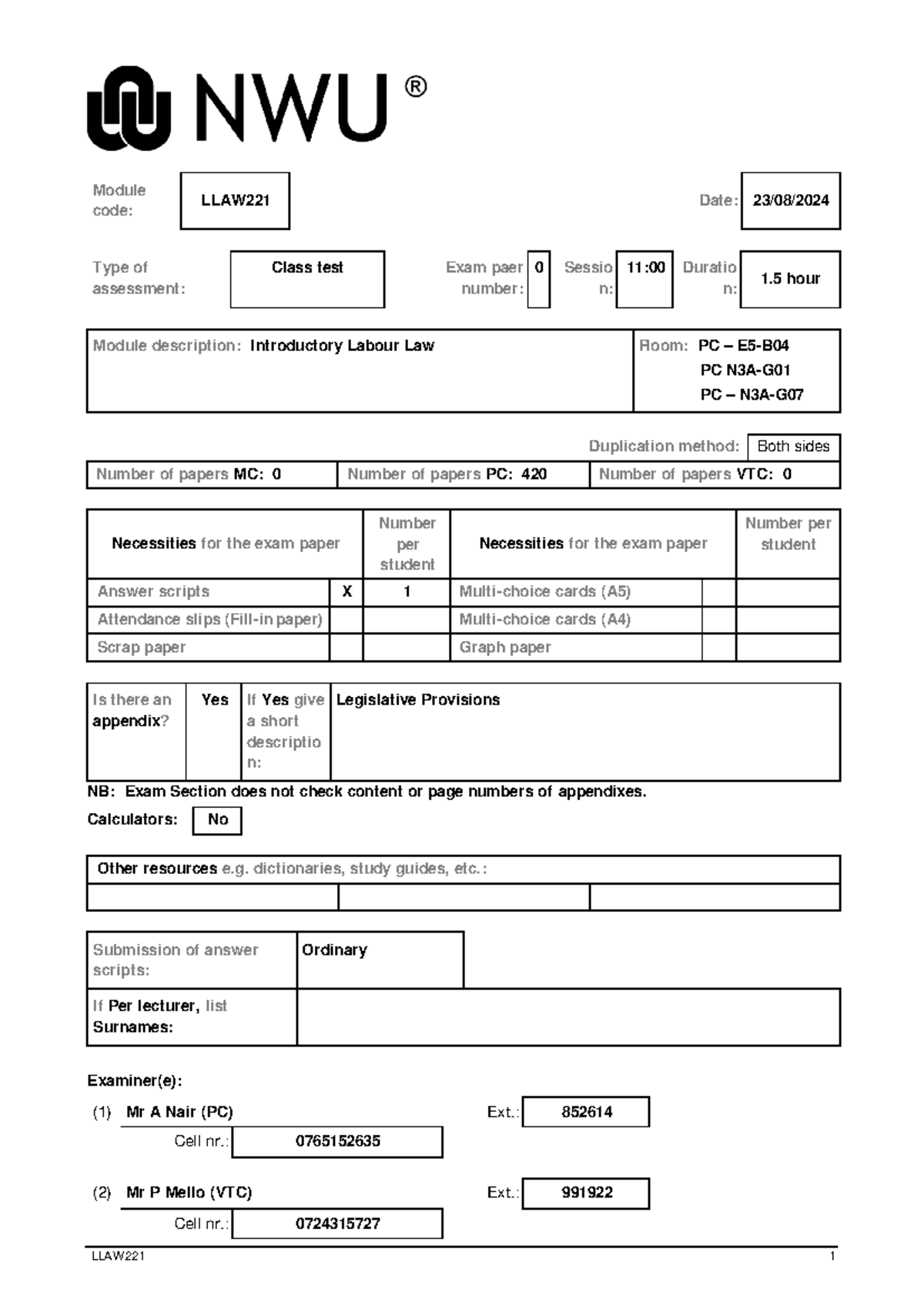 LLAW221+Test+2+memo+ Final - LLAW221 1 Module code: LLAW221 Date: 23 /0 ...