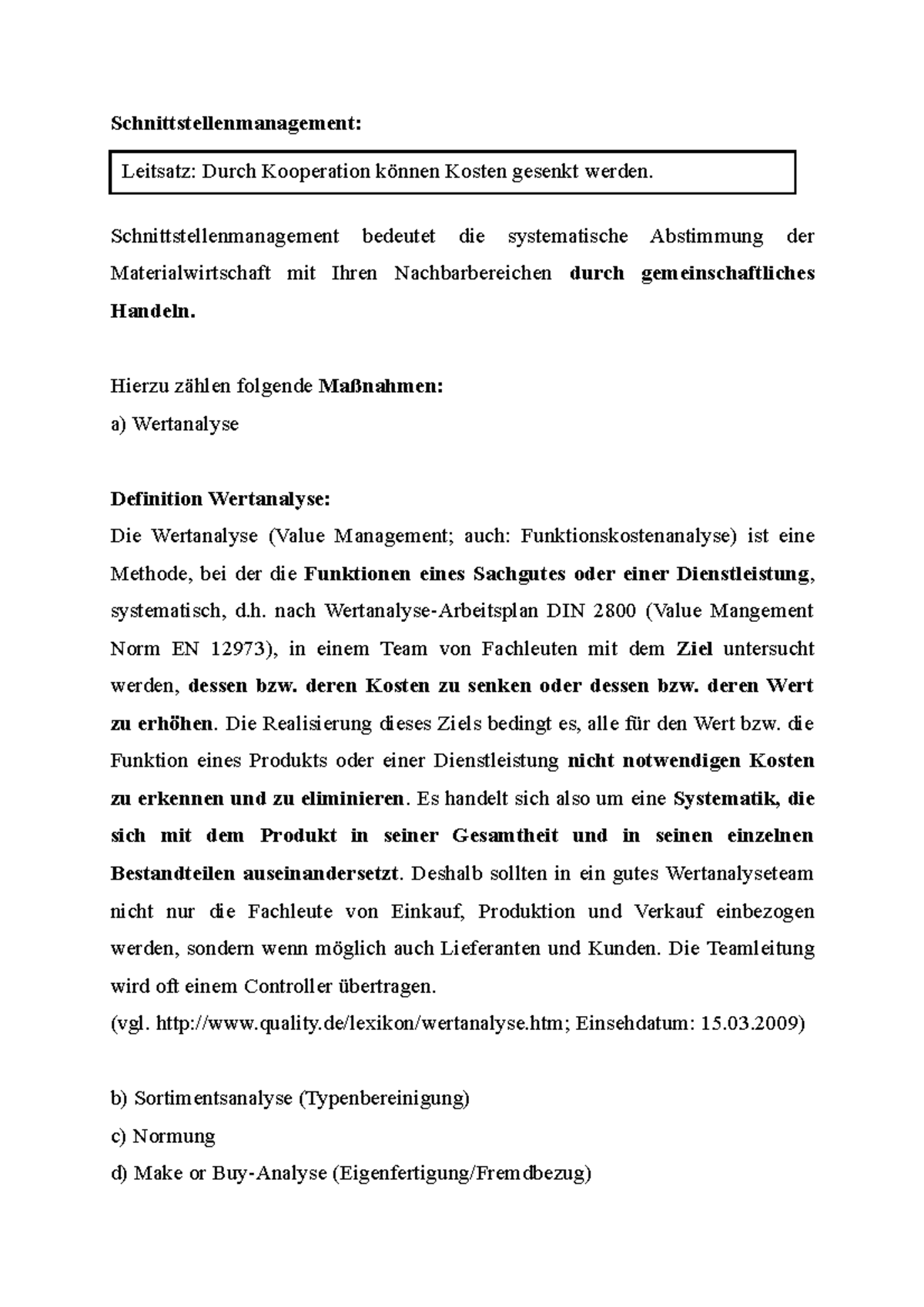 Definition Schnittstellenmanagement und Wertanalyse ...