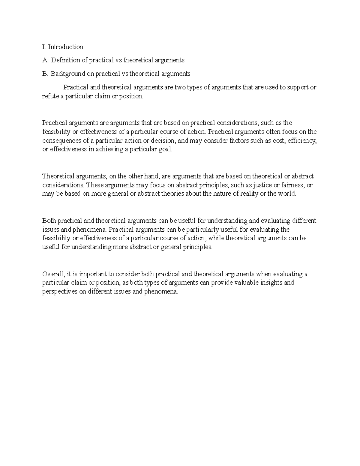 Practical vs theoretical arguments 1 - I. Introduction A. Definition of practical vs theoretical ...
