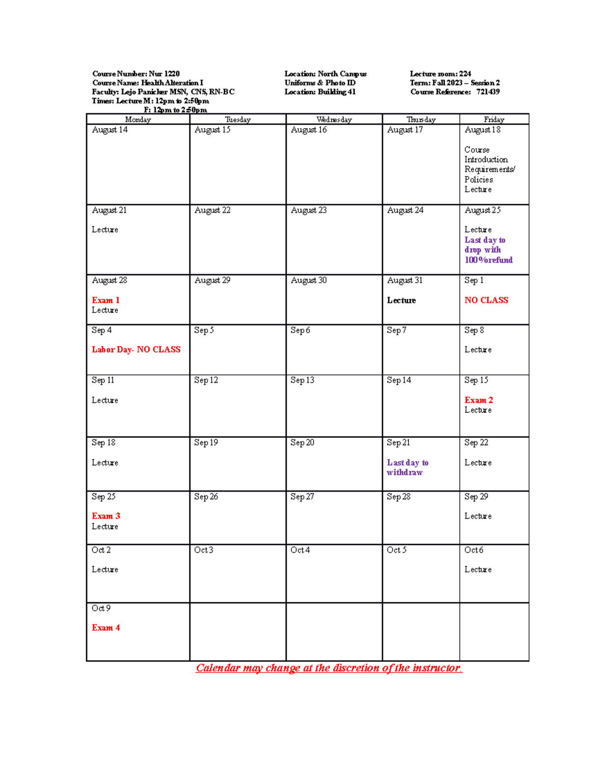 GIGU Fall 2023 lecture Calender - Course Number: Nur 1220Course Name ...