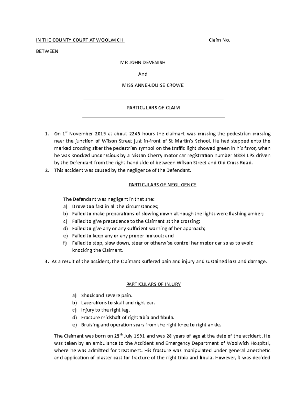 IN THE County Court AT Woolwich Claim No - IN THE COUNTY COURT AT ...
