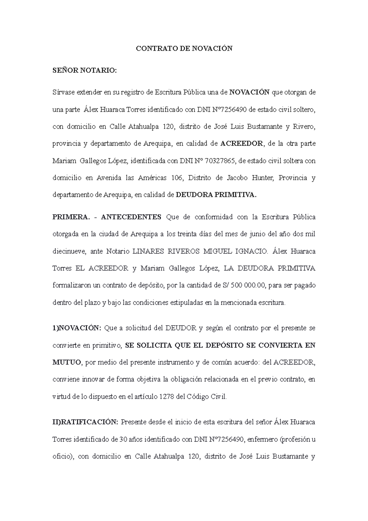 Contrato DE Novación Objetiva - CONTRATO DE NOVACIÓN SEÑOR NOTARIO ...