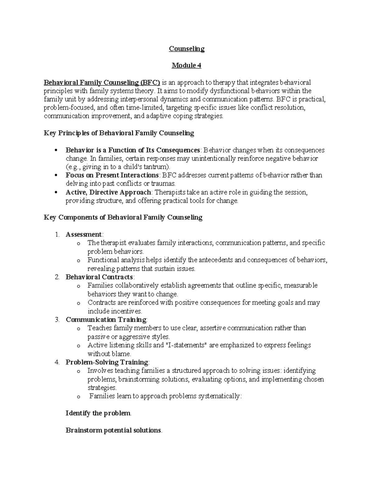 Counseling module 4 - notes - Counseling Module 4 Behavioral Family ...