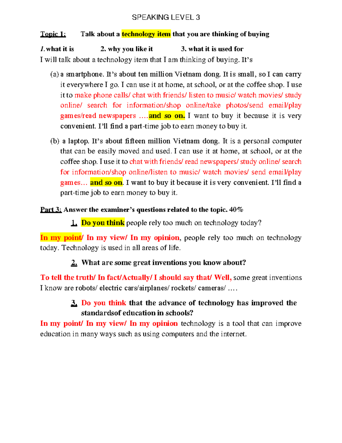 Speaking Level 3 Answer 10 Topics - Topic 1: Talk about a technology ...