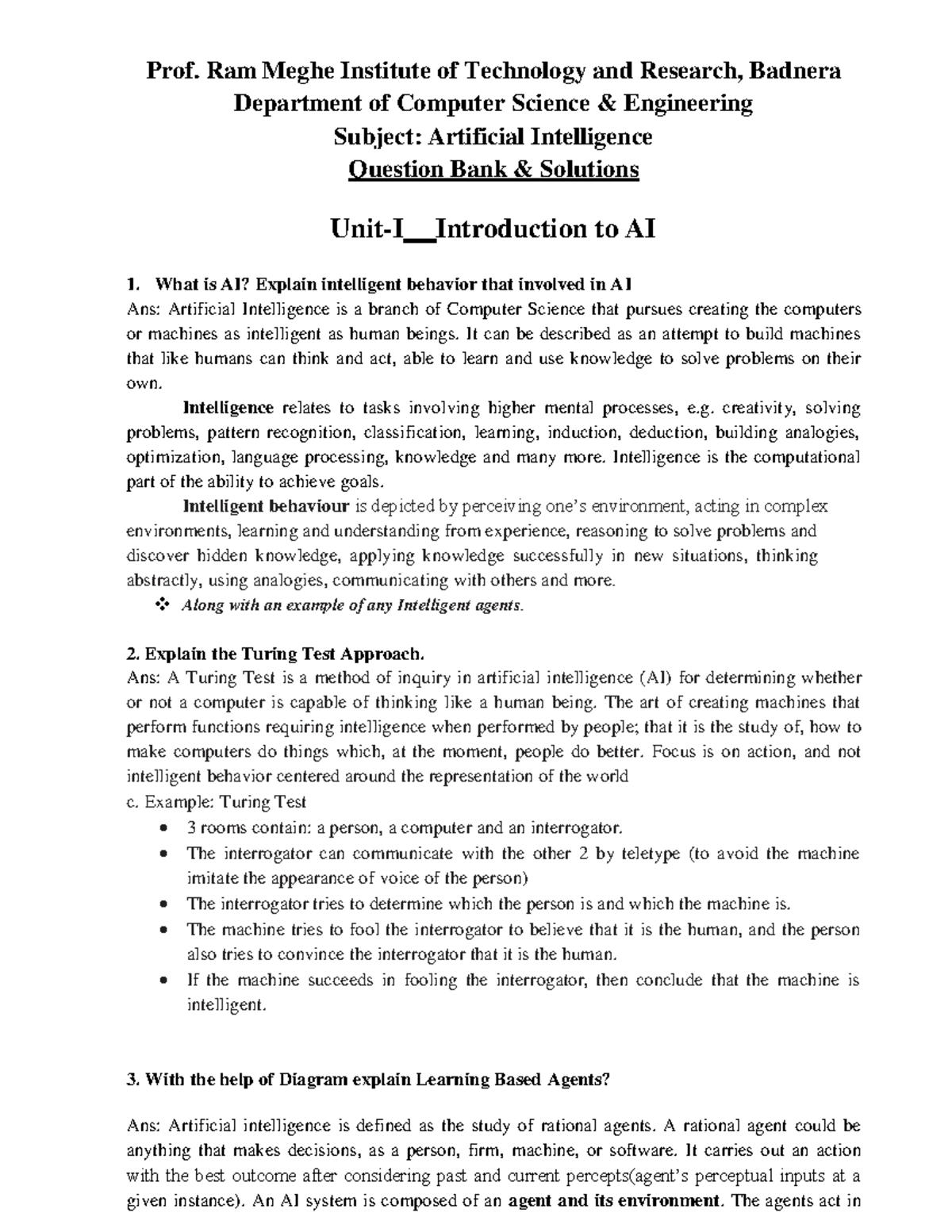 AI Question Bank - Prof. Ram Meghe Institute of Technology and Research, Badnera Department of ...