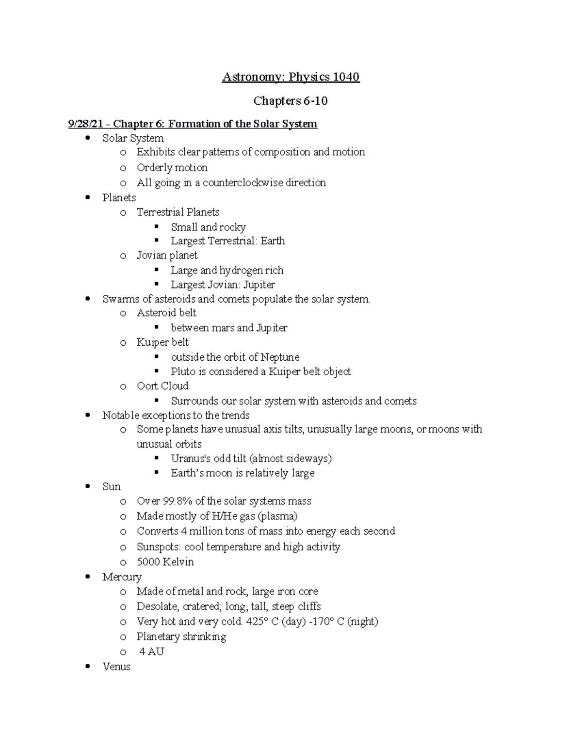 Astronomy Chapters 6-10 - Astronomy: Physics 1040 Chapters 6- 9/28/21 ...