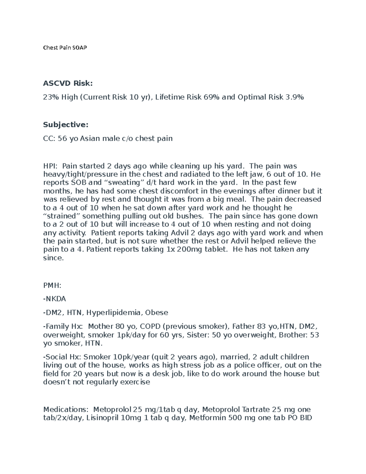 Chest Pain SOAP from Class - Chest Pain SOAP ASCVD Risk: 23% High ...