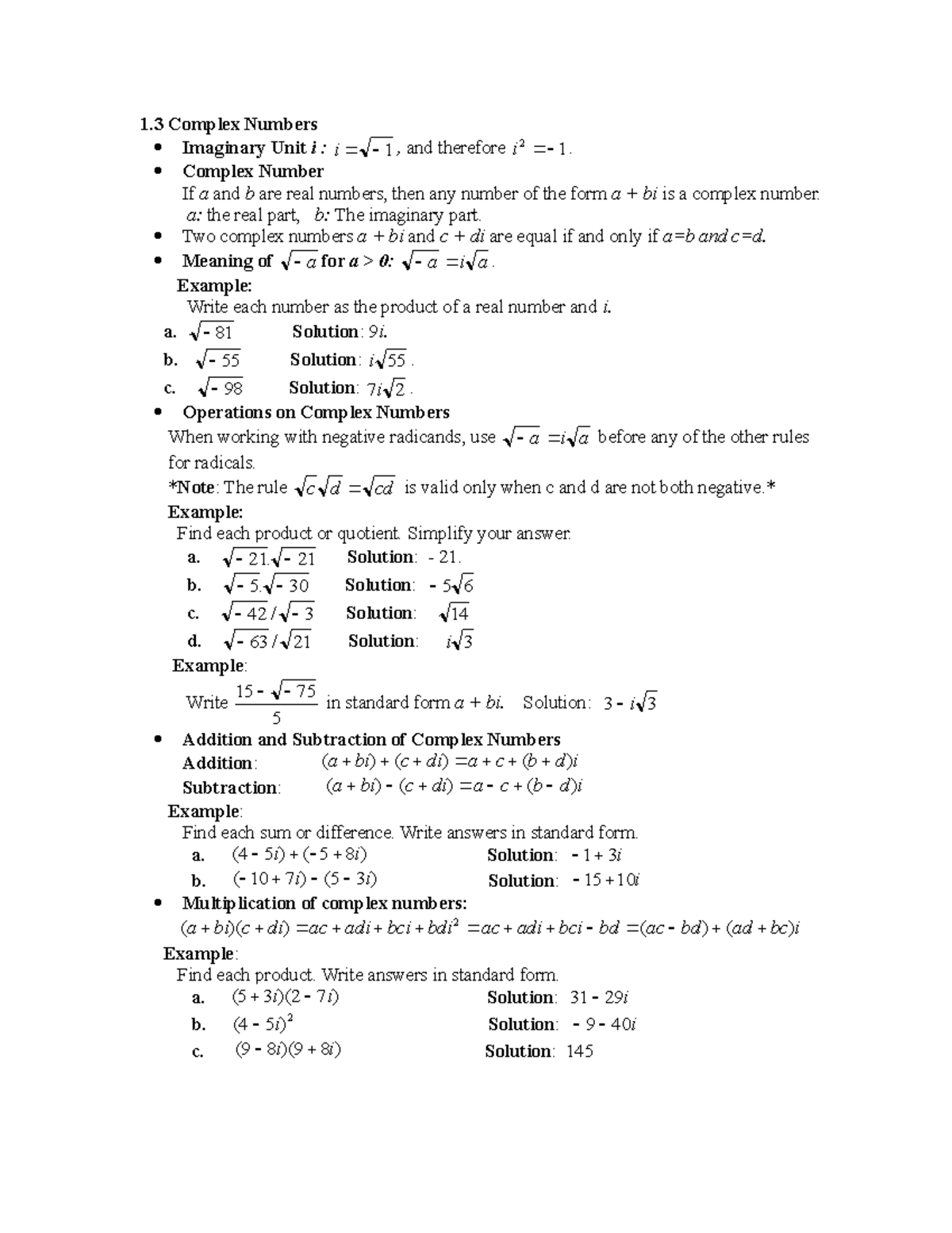 1.3 notes - complex numbers - 1 Complex Numbers Imaginary Unit i : i 1 ...