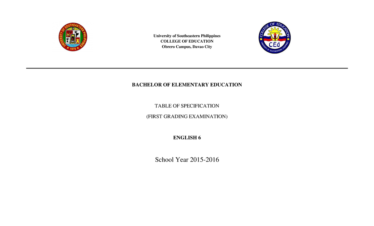 Table of Specification English Grade 6 - University of Southeastern ...