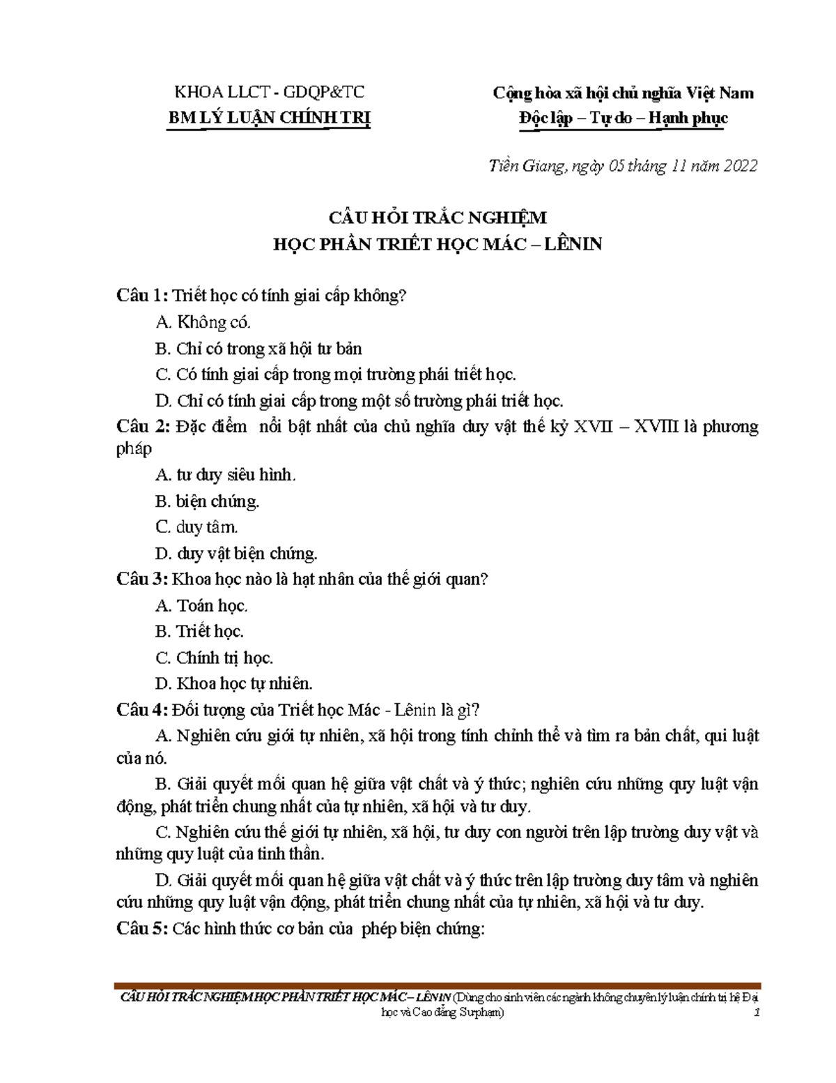 Cau hoi trac nghiem Triet hoc Mac - Lenin 1669564043 - CÂU HỎI TRẮC NGHIỆM HỌC PHẦN TRIẾT HỌC ...