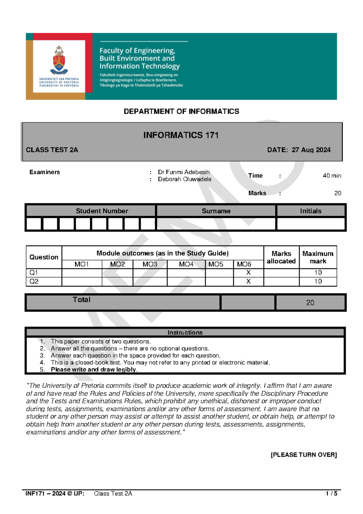 INF171 2024 Class Test 2A memo - DEPARTMENT OF INFORMATICS INFORMATICS ...