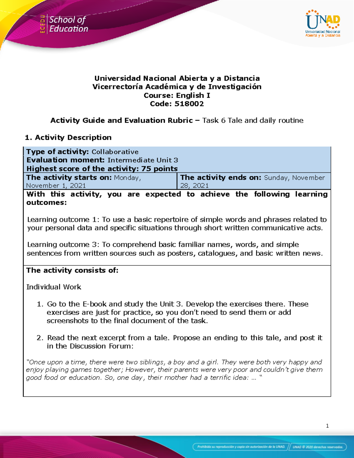 Activity Guide and Evaluation Rubric - Unit 3 - Task 6 - Tale and daily ...