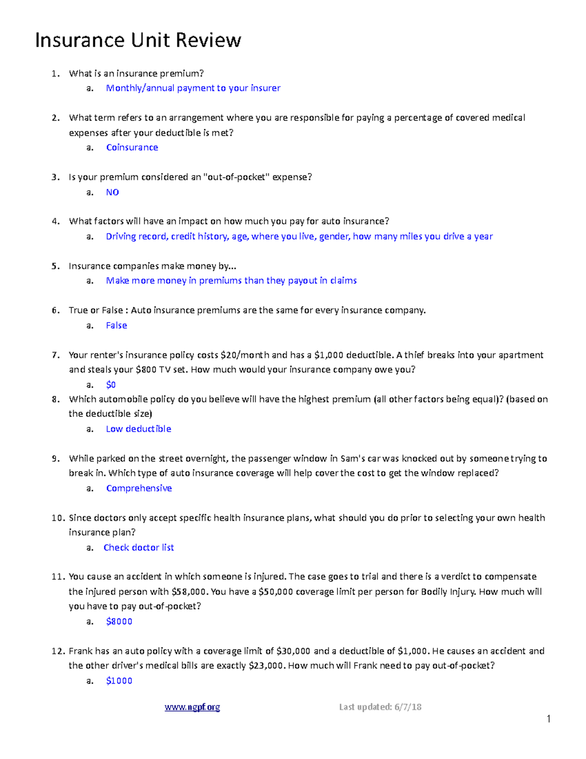 Copy of FM UNIT 7 Insurance Review - Insurance Unit Review 1. What is ...