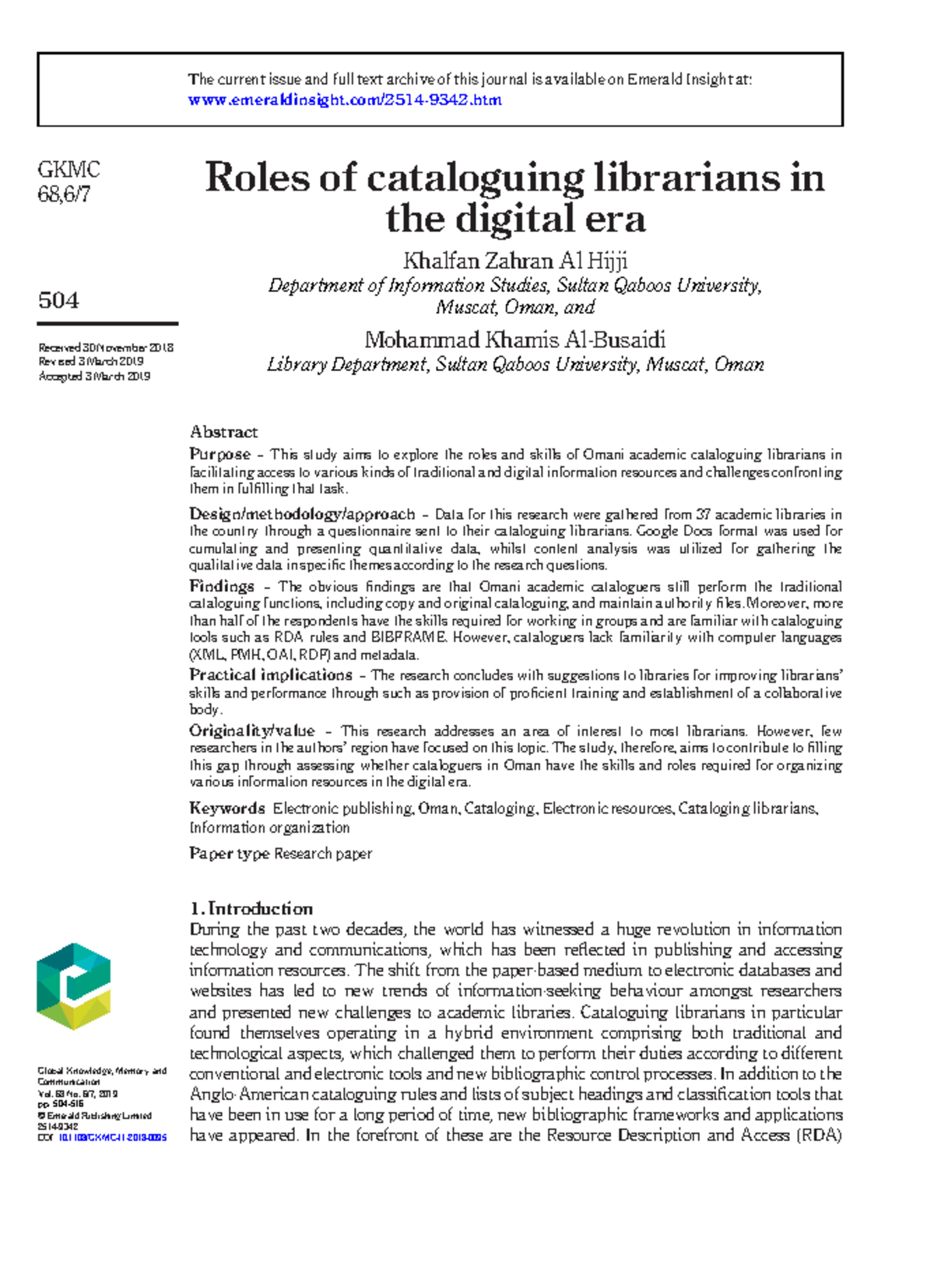 Roles of cataloguing librarians in the digital era 2019 - Roles of ...