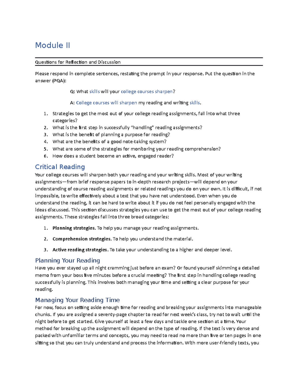 Module II Reading and Note Taking - Module II Questions for Reflection ...