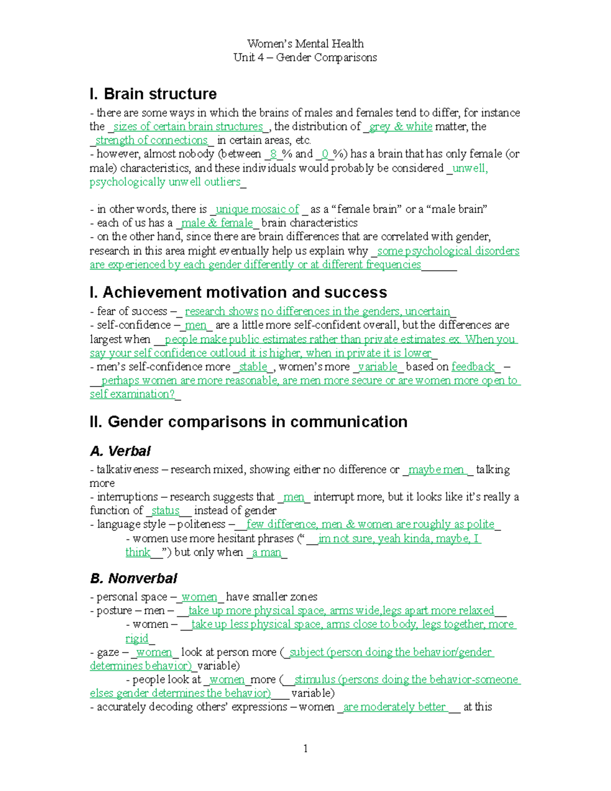 Unit 4 Notes - Women’s Mental Health Unit 4 – Gender Comparisons I ...