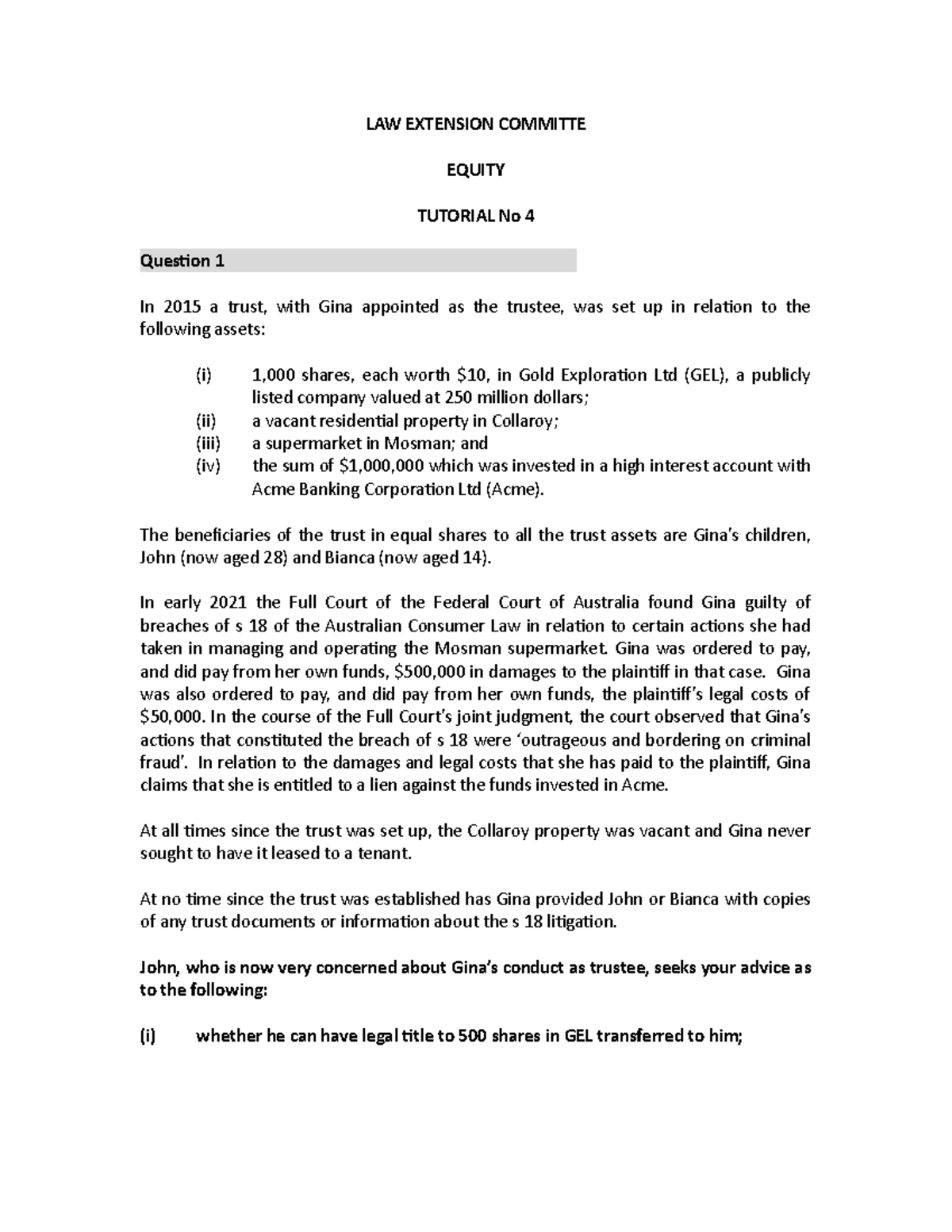 Equity LPAB Tutorial No 4 - LAW EXTENSION COMMITTE EQUITY TUTORIAL No 4 ...