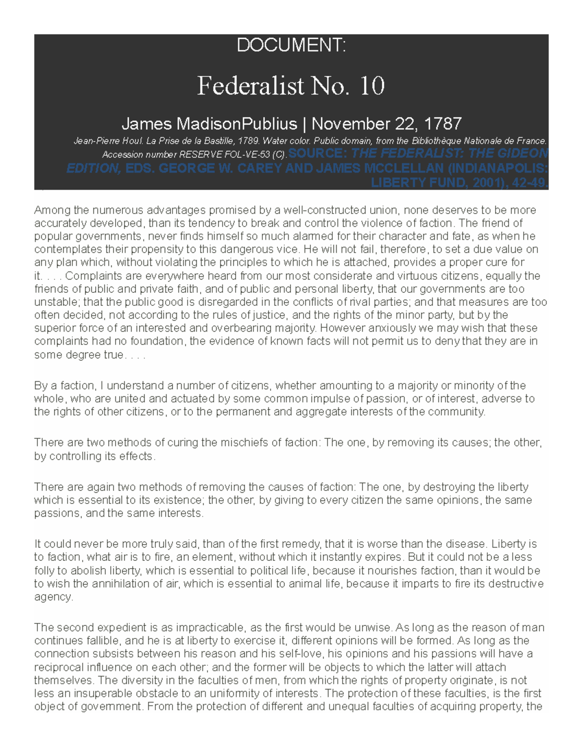 Foundational Documents Compiled - DOCUMENT: Federalist No. 10 James ...