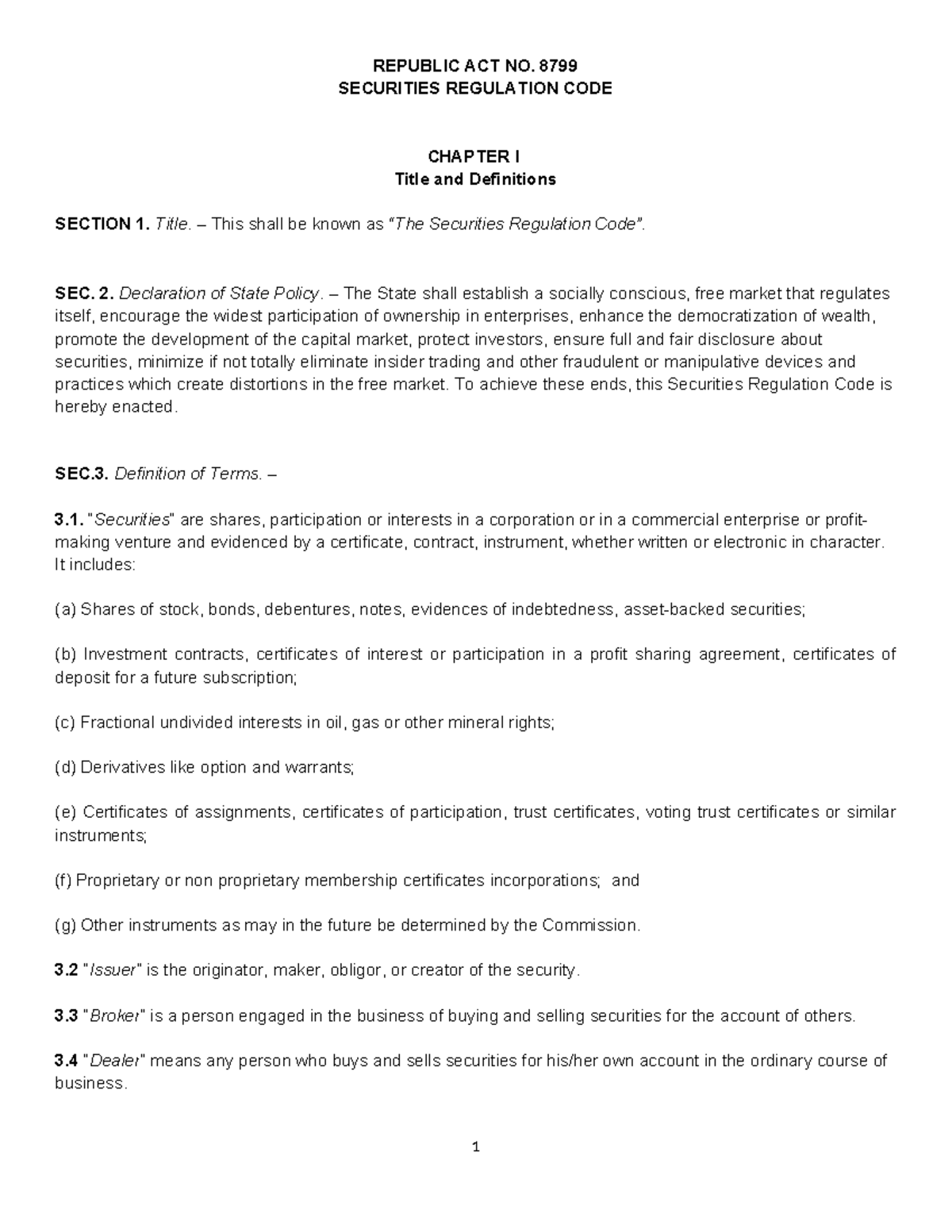 SRC - Codal for SRC - REPUBLIC ACT NO. 8799 SECURITIES REGULATION CODE ...