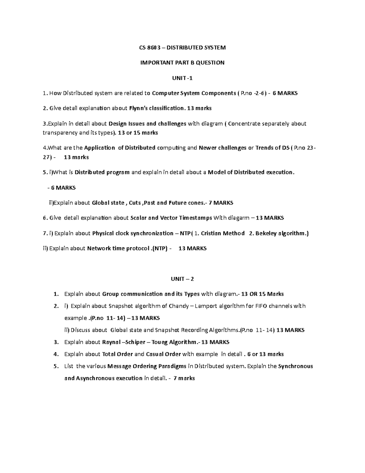 Distributed System PART - B Important Question( 1 - 5 Units) - CS 8603 ...