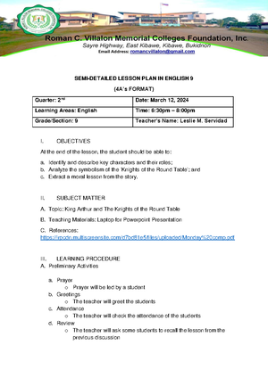 Inset- lesson plan Punctuation - LESSON PLAN in ENGlish 9 Quarter: 1 st ...