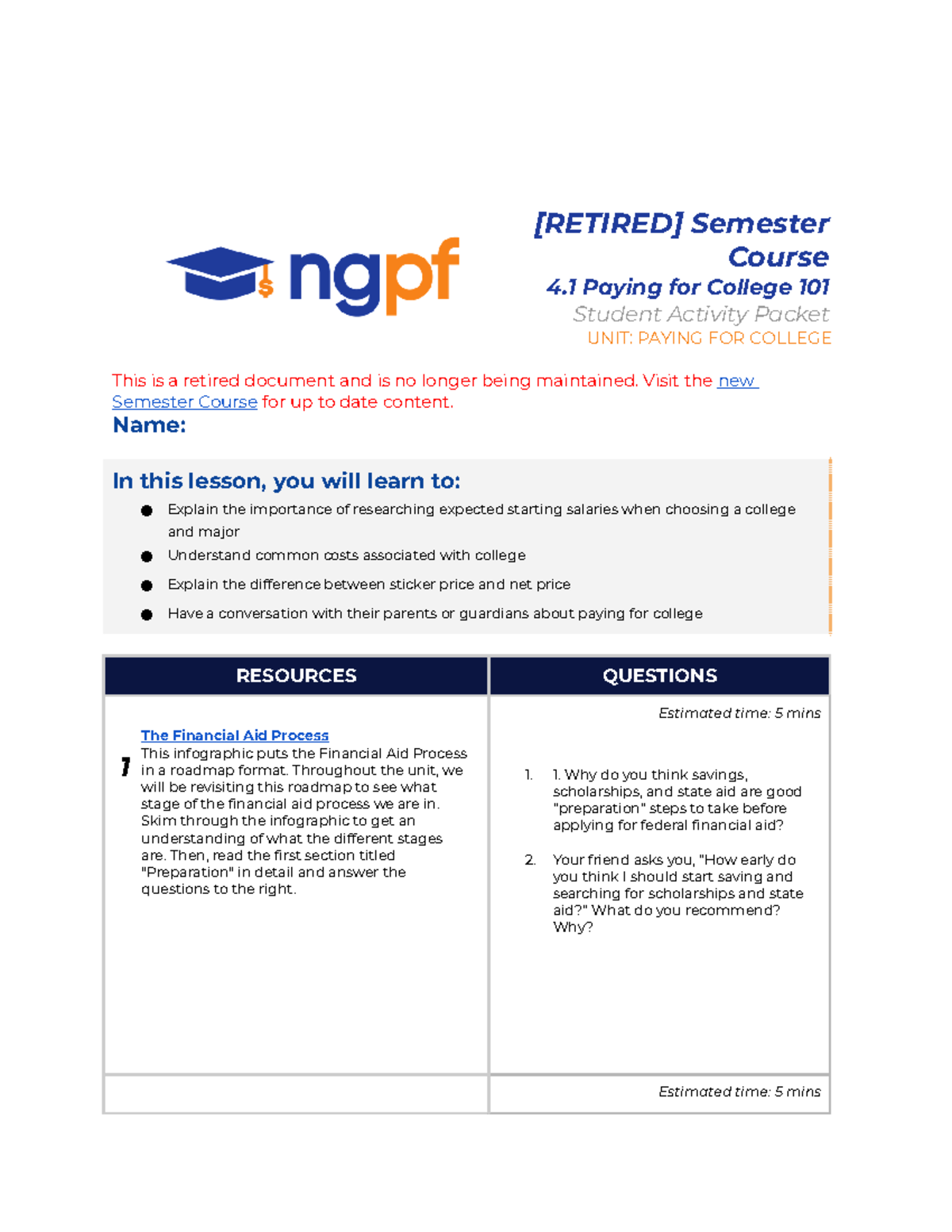 4.1 Paying for College 101 - [RETIRED] Semester Course 4 Paying for ...