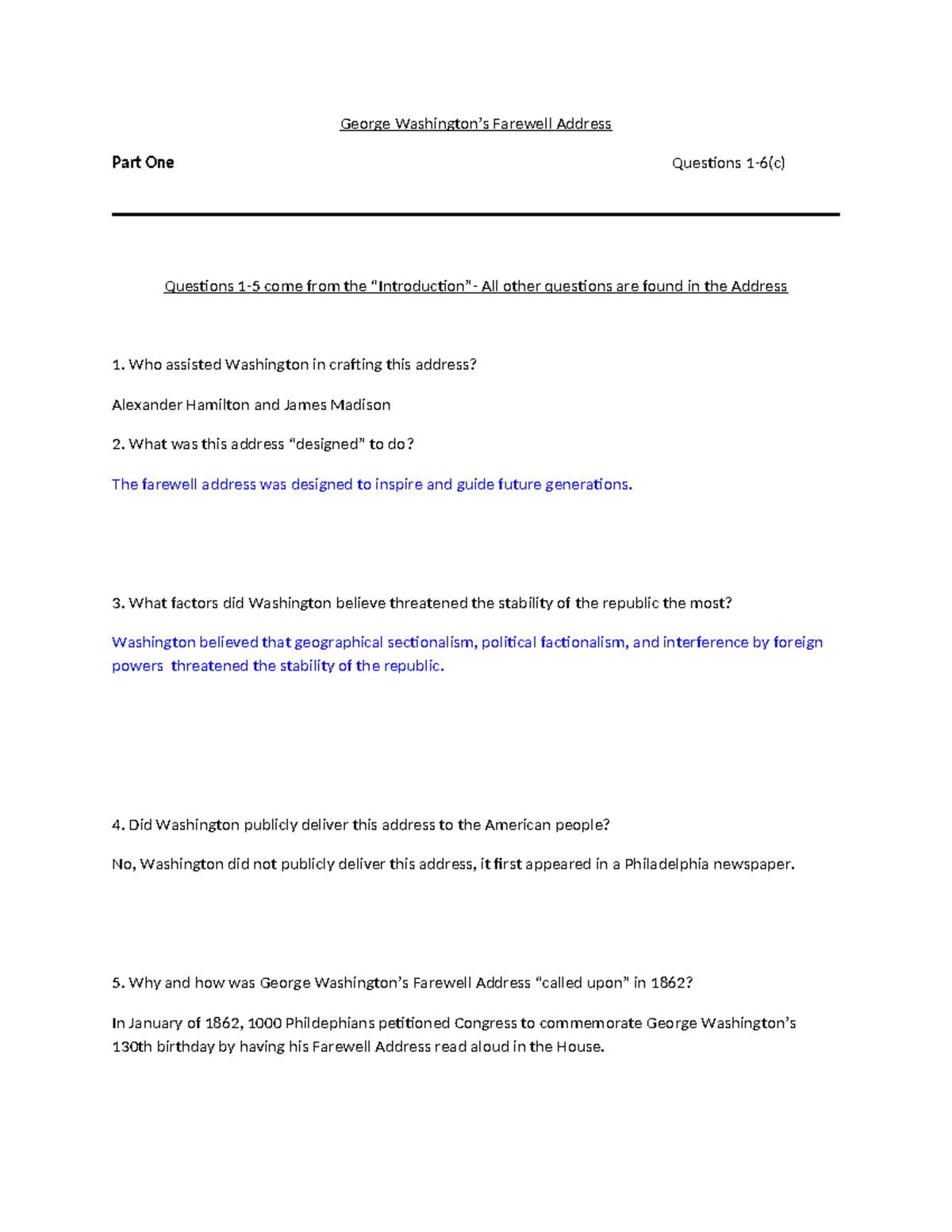 Copy of GW Farewell Address Part I Questions - George Washington’s ...
