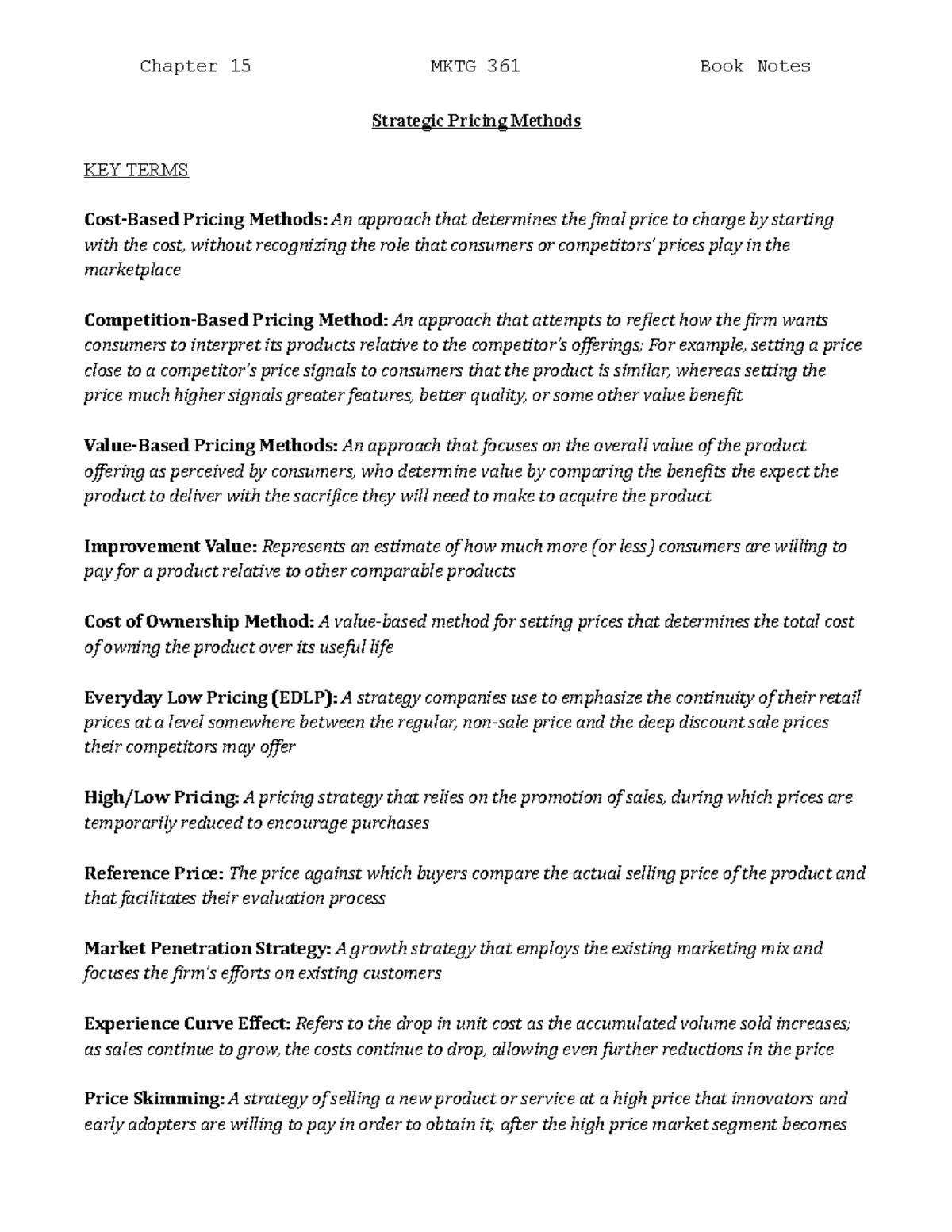 Chapter 15 Strategic Pricing Methods Strategic Pricing Methods KEY