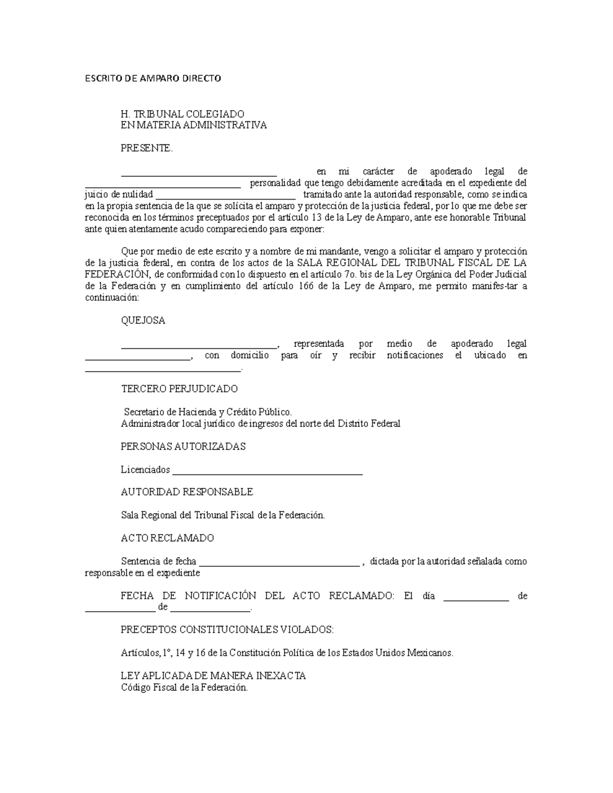 Escrito DE Amparo Directo - ESCRITO DE AMPARO DIRECTO H. TRIBUNAL ...