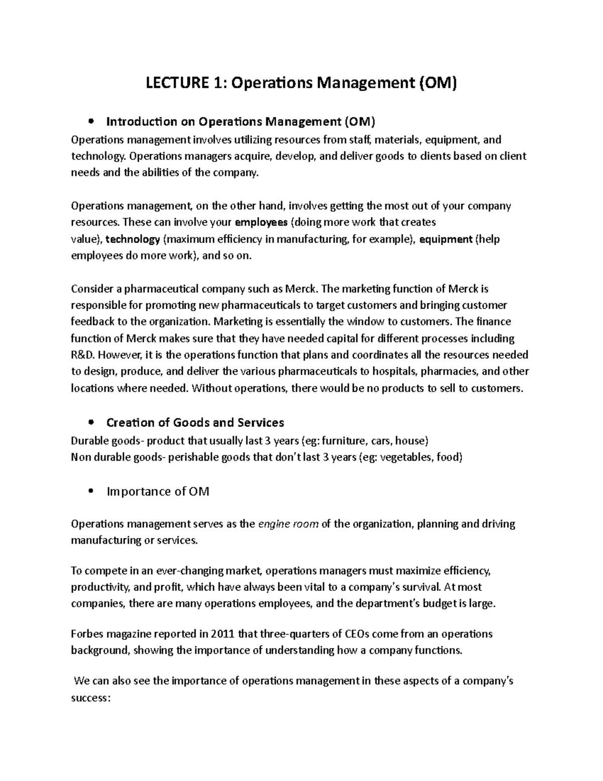 OM (Notes) Lecture 1 - Operations Management - LECTURE 1: Operations ...