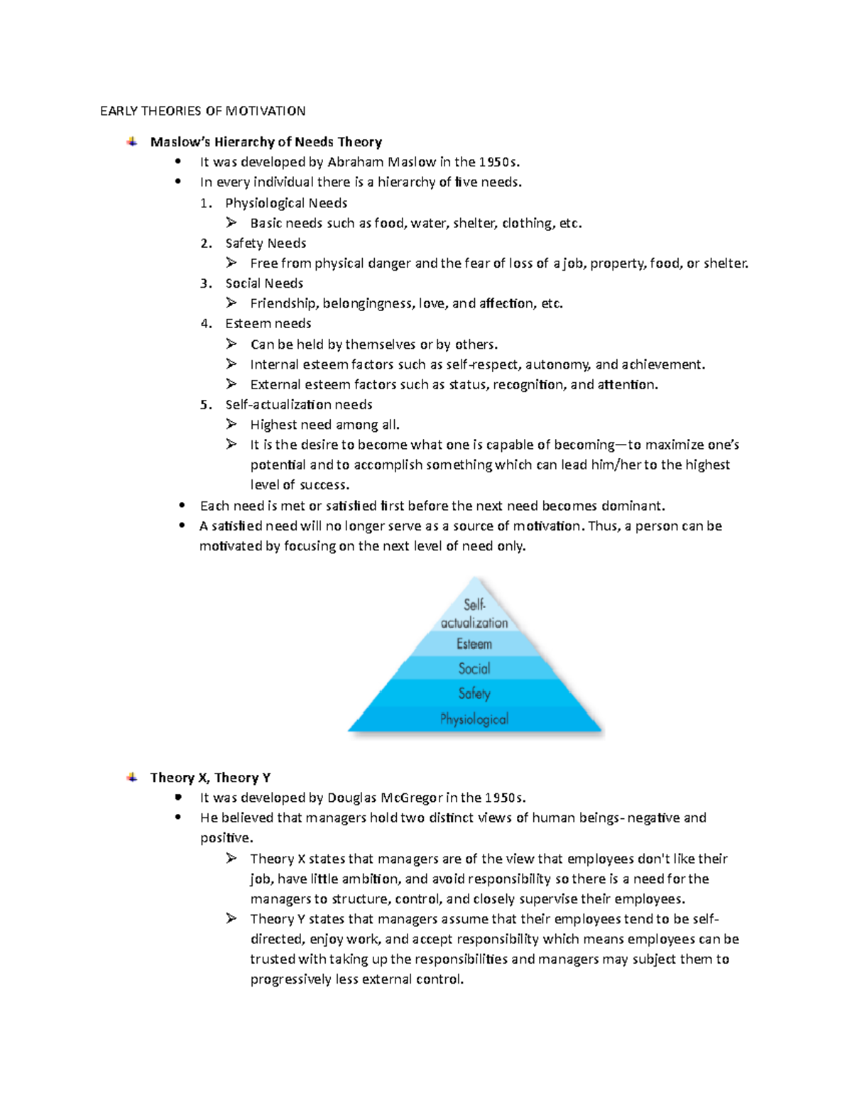 Early Theories OF Motivation - EARLY THEORIES OF MOTIVATION Maslow’s ...