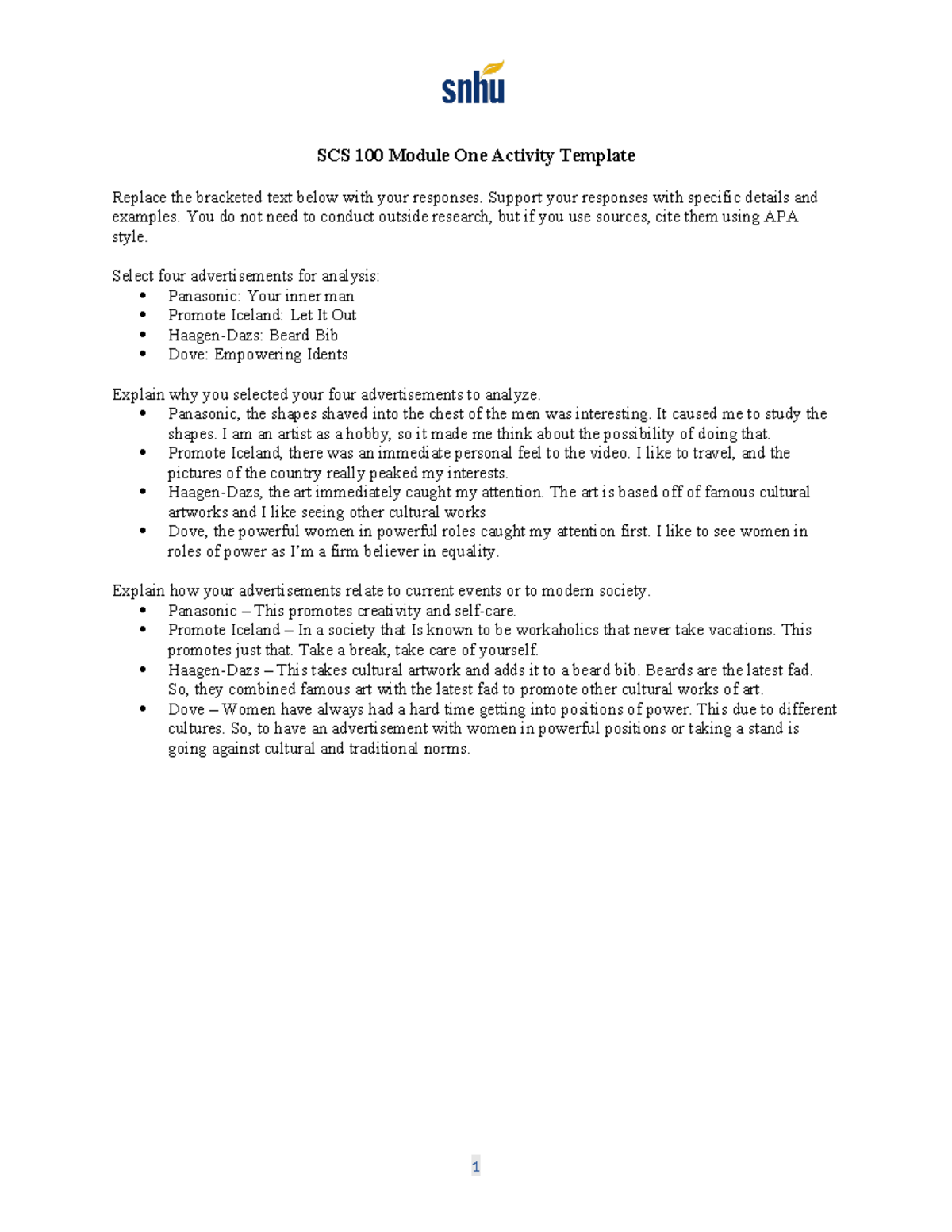 1-2 Advertisement - SCS 100 Module One Activity Template Replace the ...
