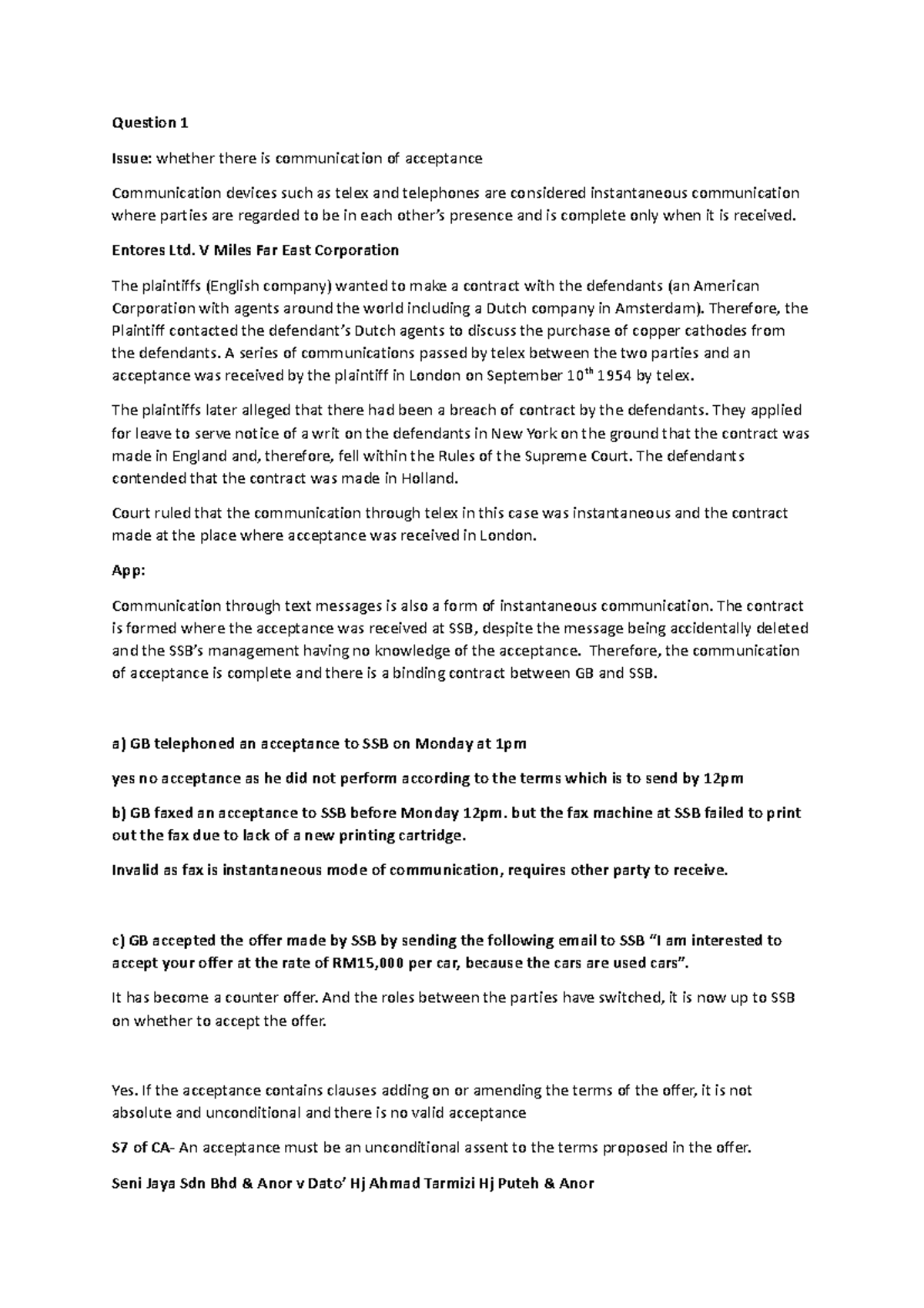 Contract tuto week 3 - Question 1 Issue: whether there is communication of acceptance ...