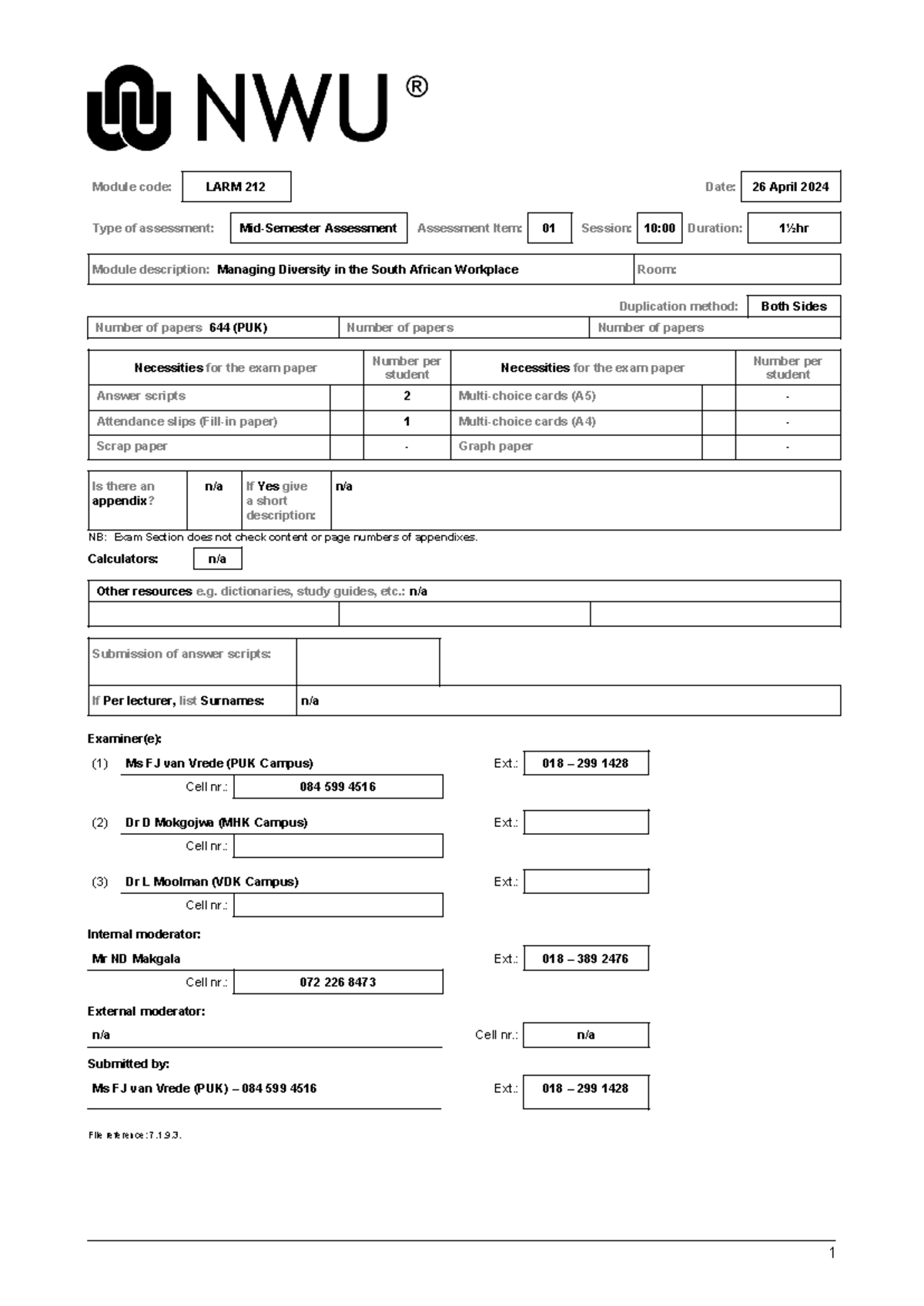 LARM 212 MID- Semester Memorandum. 26 April 2024 - Module code: LARM ...